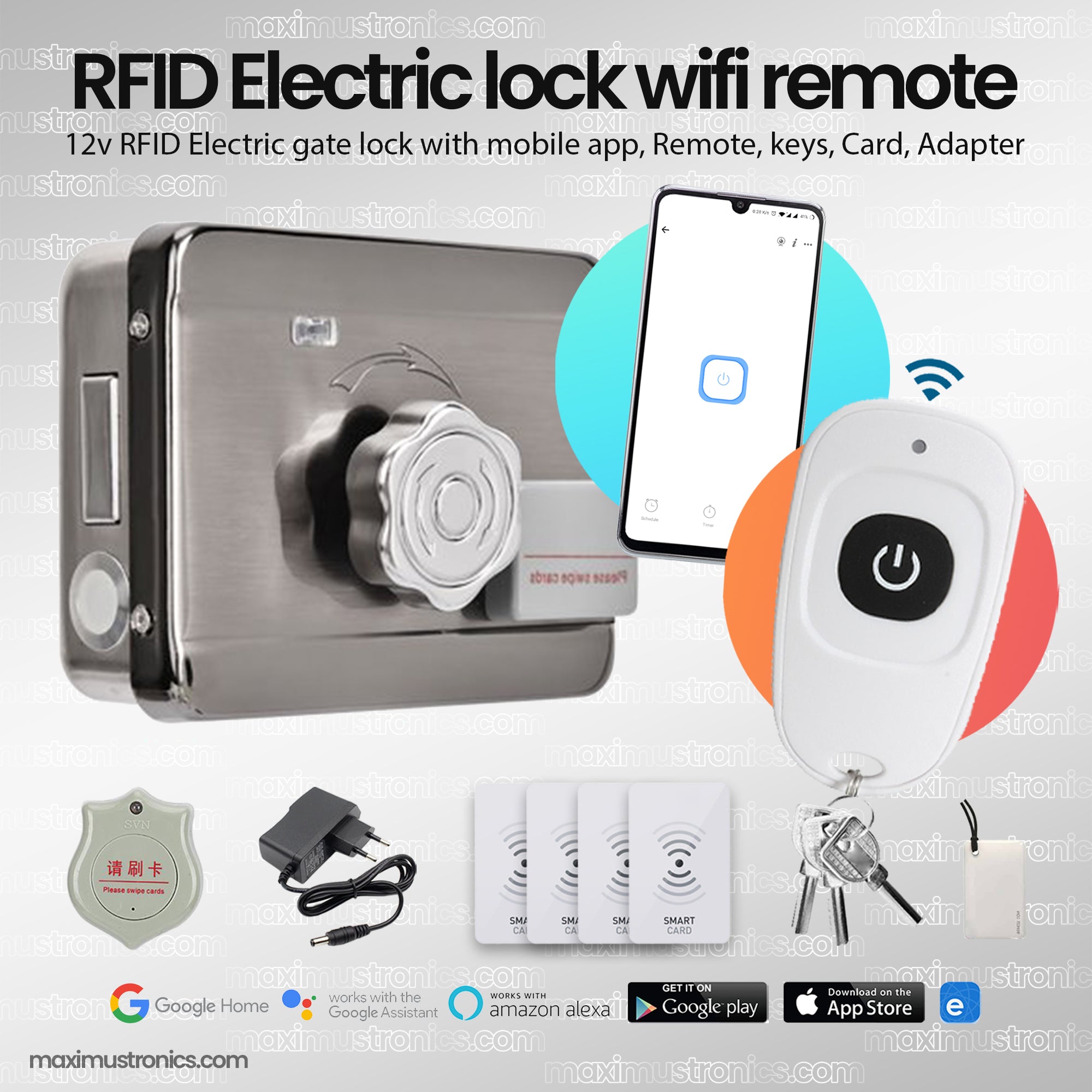 Smart Wifi and RF Remote control RFID Electric rim door lock main gate – Maximustronics Pakistan